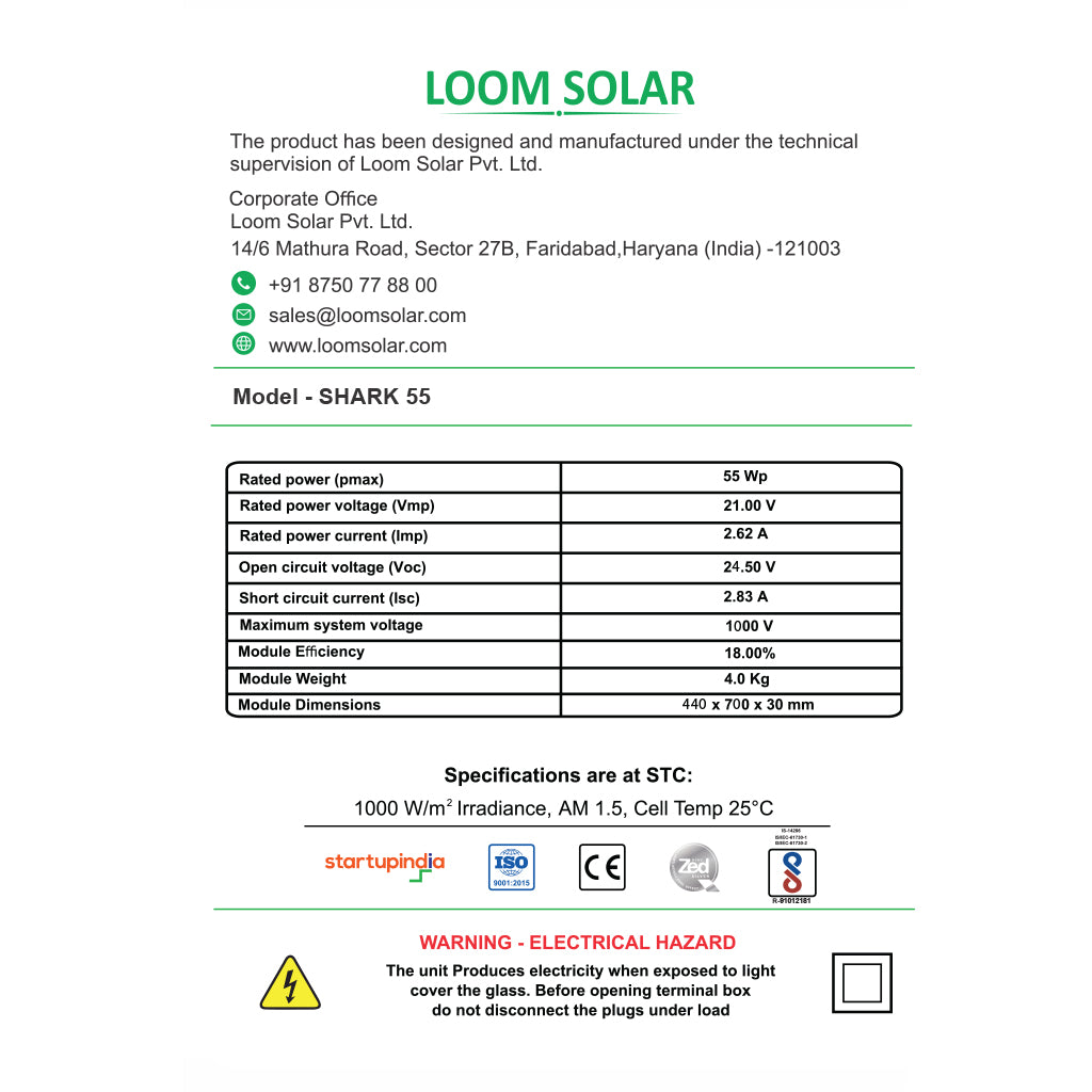 Loom Solar 55 watt - 12 volt Mono Crystalline Panel for DC Appliances