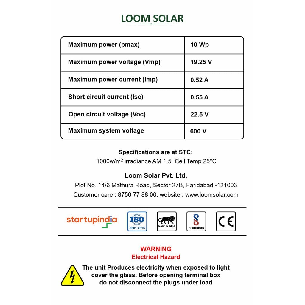 Loom 10 Watt Solar Panel - Buy Solar Panel for Mobile Charging Online